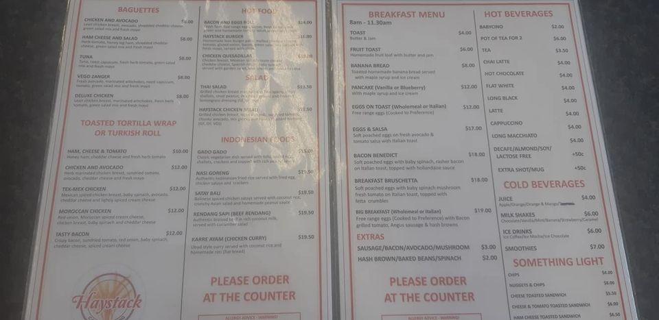 Menu at The Haystack Cafe, Wangara