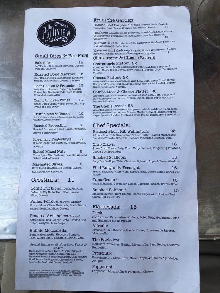Menu at The Parkview pub & bar, Winter Park