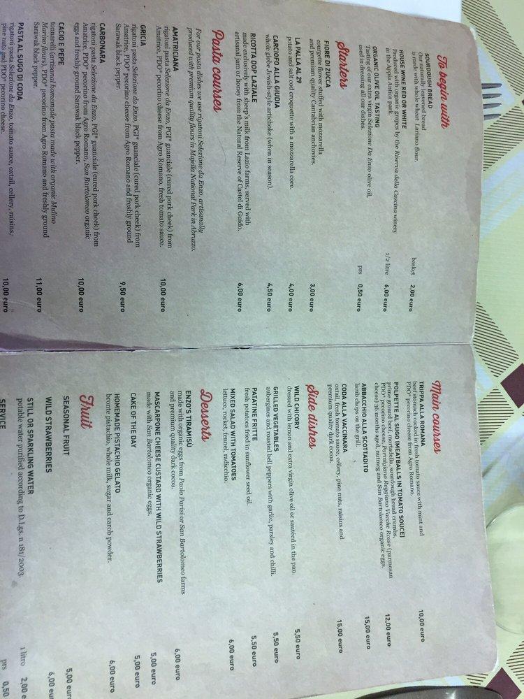 Menu au Trattoria Da Enzo al 29 restaurant, Rome