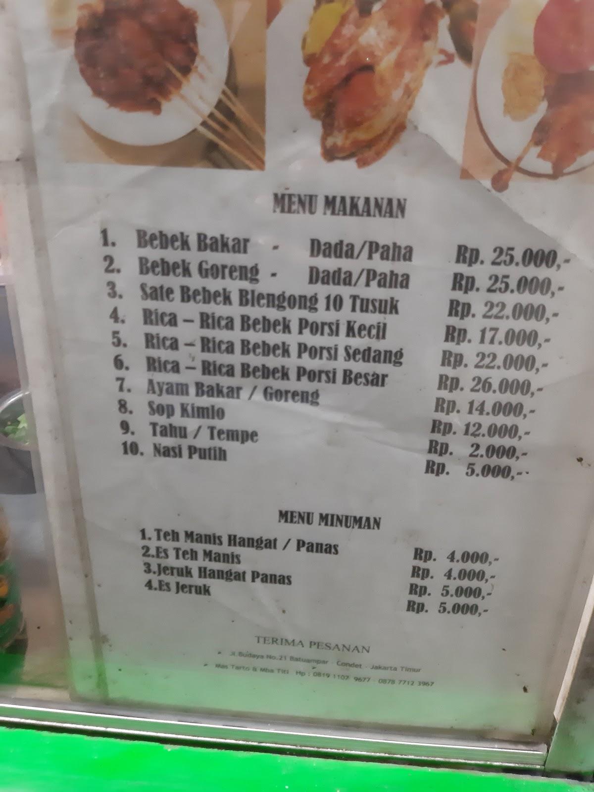 Menu at Bebek Blengong restaurant, Jakarta, Jl. Batu Ampar II