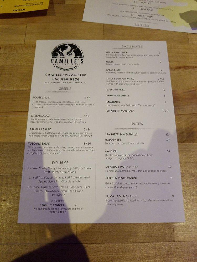 Menu at Camille's Wood Fired Pizza pub & bar, Tolland