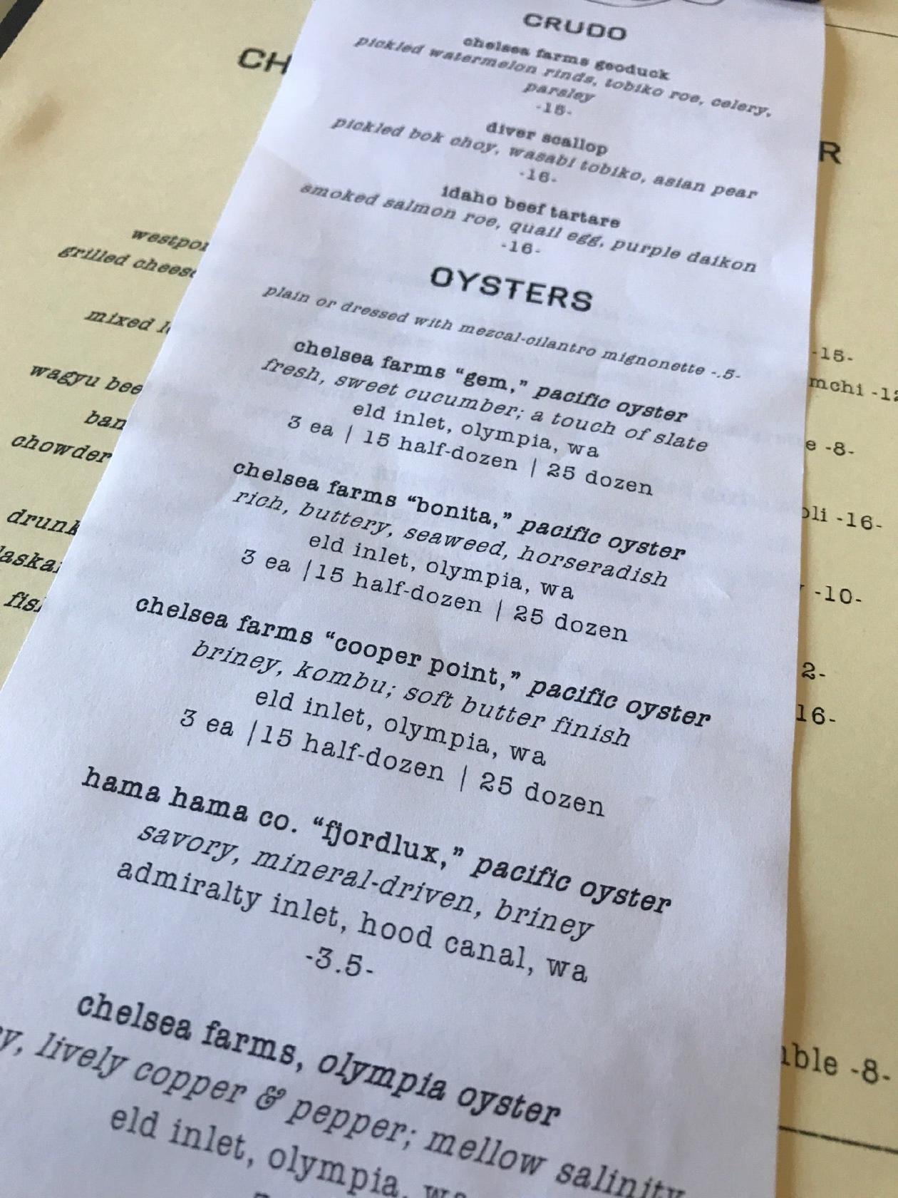 Menu at Chelsea Farms Oyster Bar, Olympia