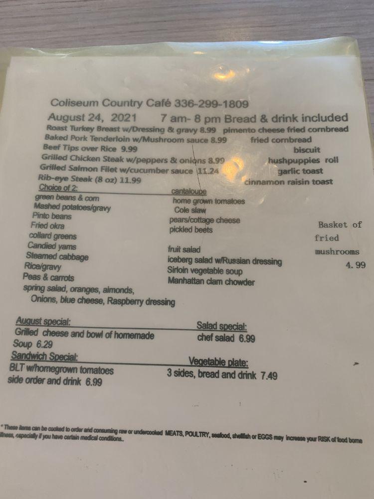 Menu at Coliseum Country Cafe, Greensboro