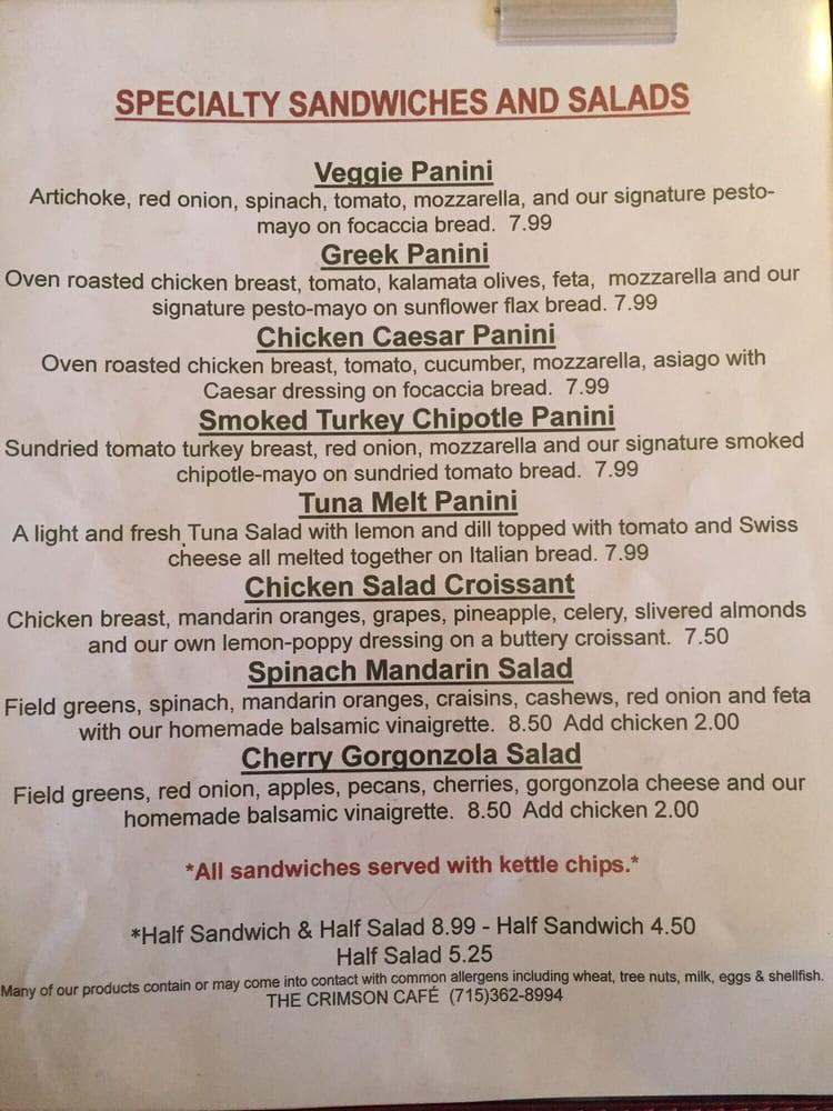 Menu at The Crimson Cafe, Rhinelander