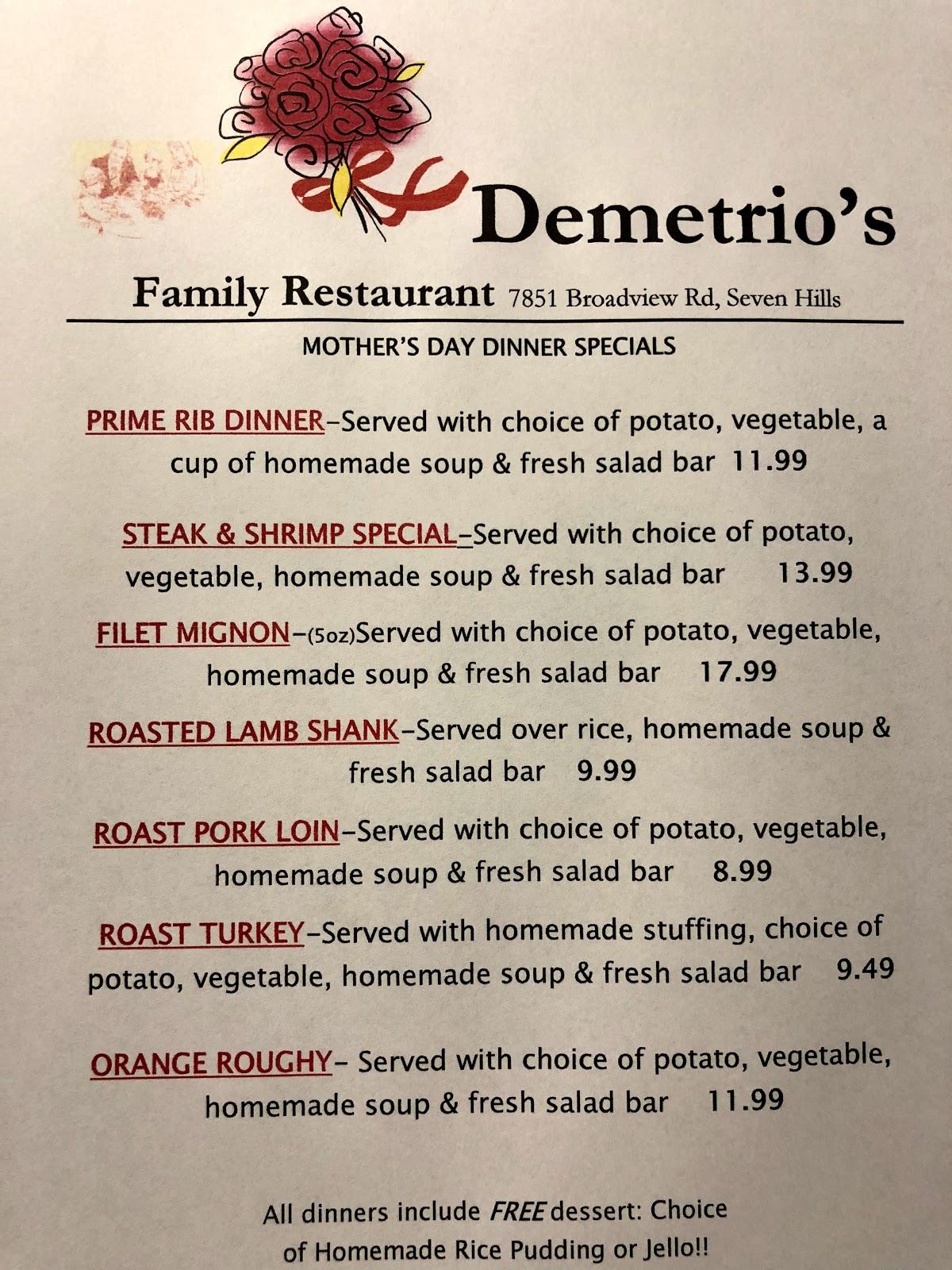 Menu at Demetrio's Family Restaurant, Seven Hills, Broadview Rd