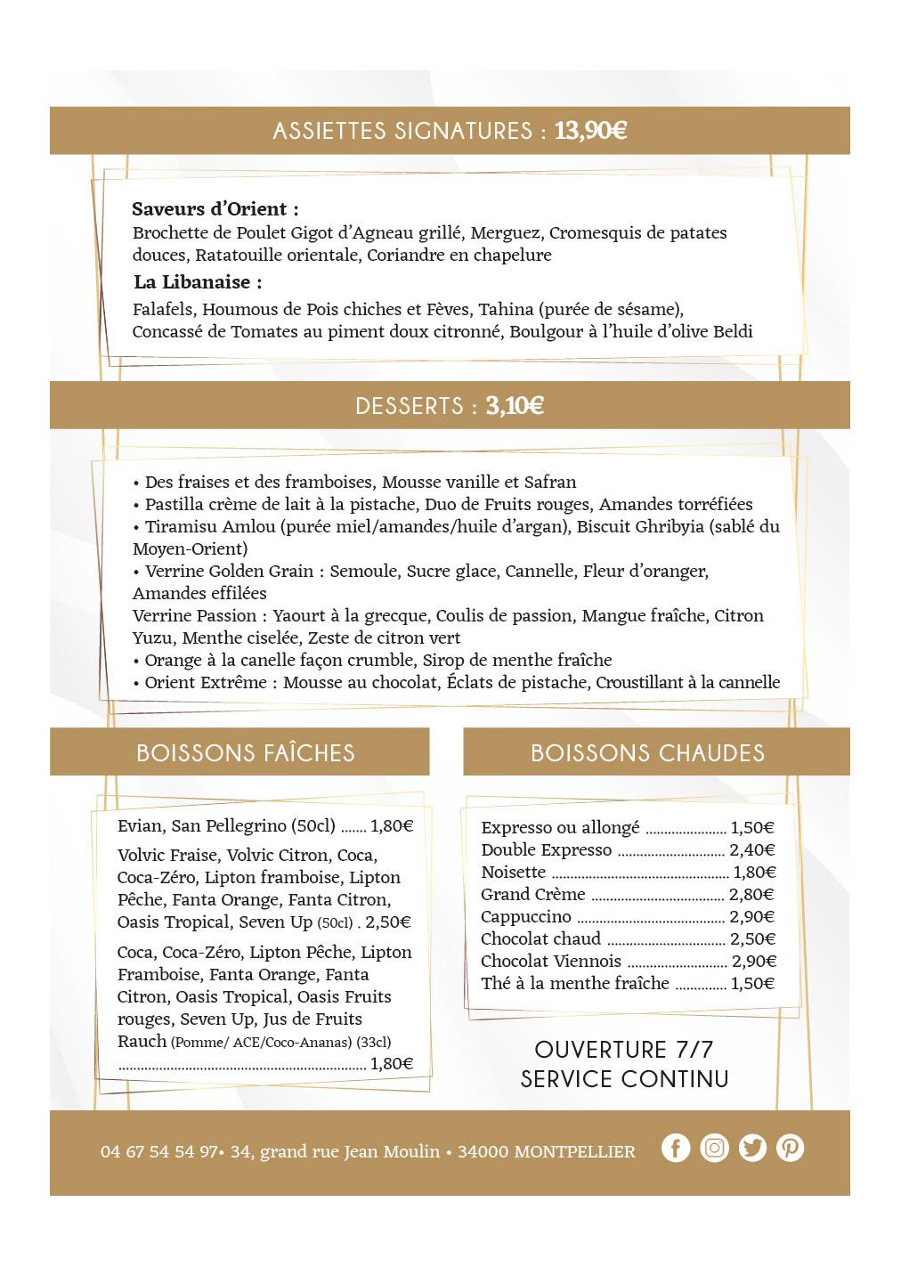Menu at Golden Grain restaurant, Montpellier