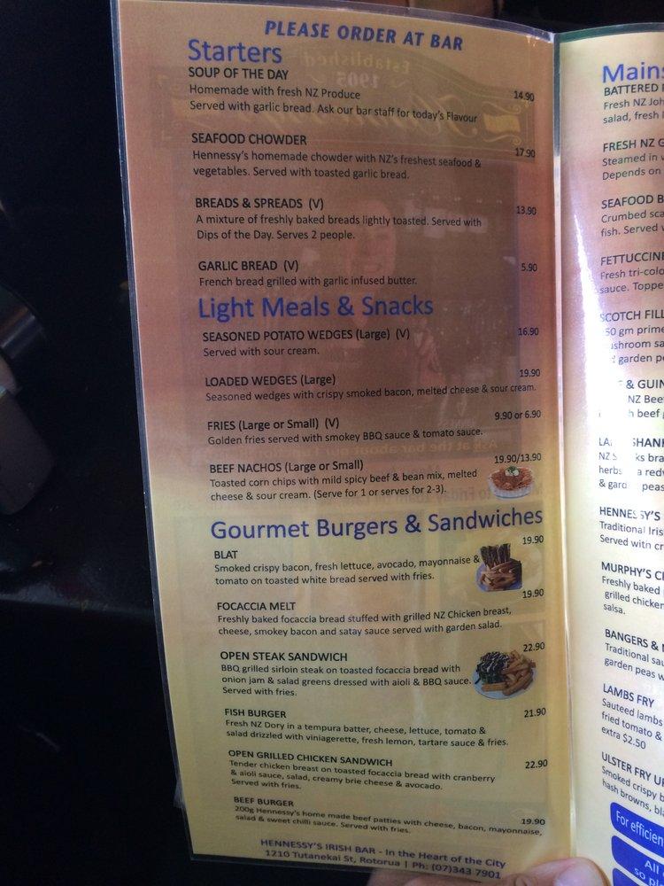 Menu at Hennessy's Irish Bar, Rotorua