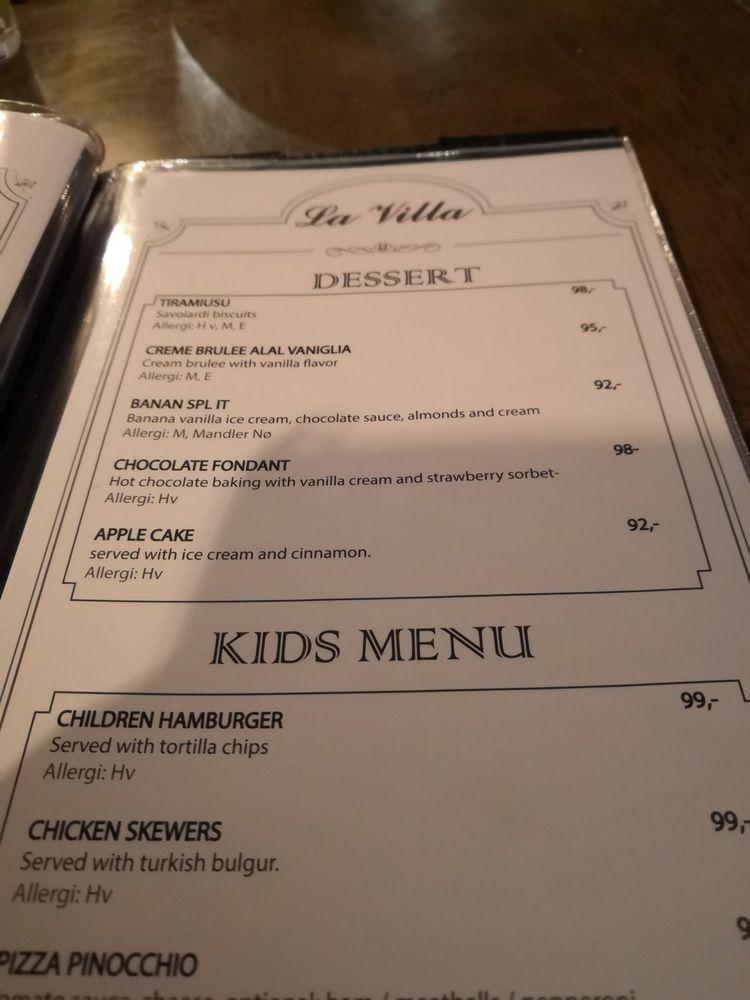 Menu at La Villa Restaurant, Oslo