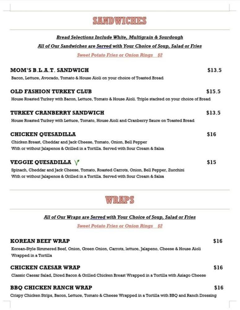 Menu at Mom's Cafe, Sooke