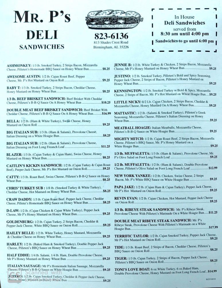 Menu at Mr. P's restaurant, Birmingham