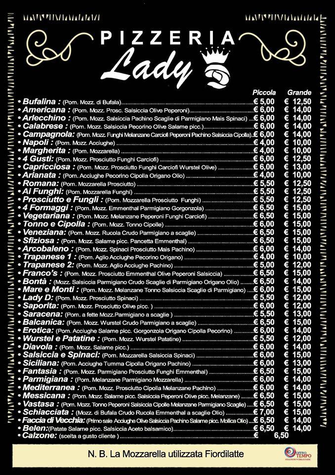 Menu at Pizzeria Lady D, Alcamo