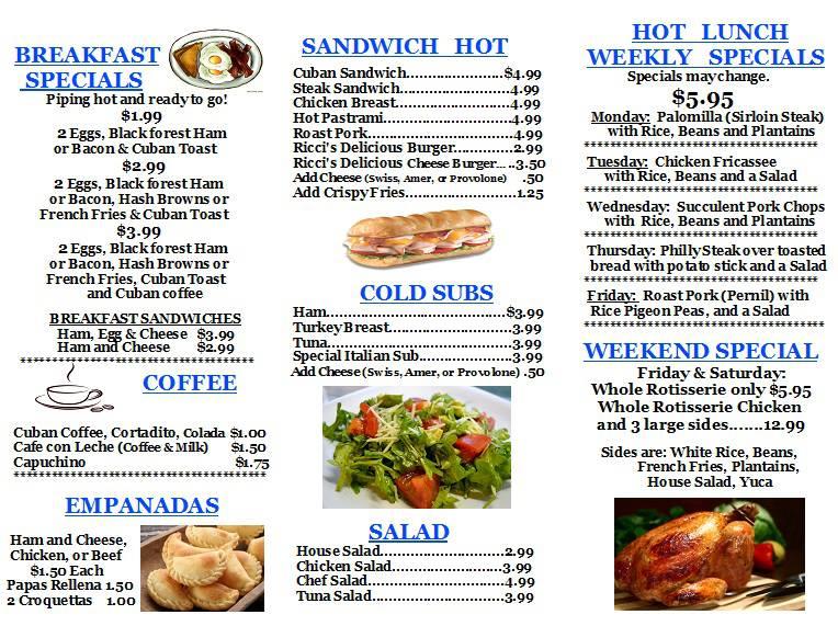 Menu at Ricci's Cafe and Deli, Sebring
