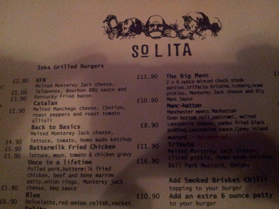 Menu at Solita Northern Quarter pub & bar, Manchester, Turner St