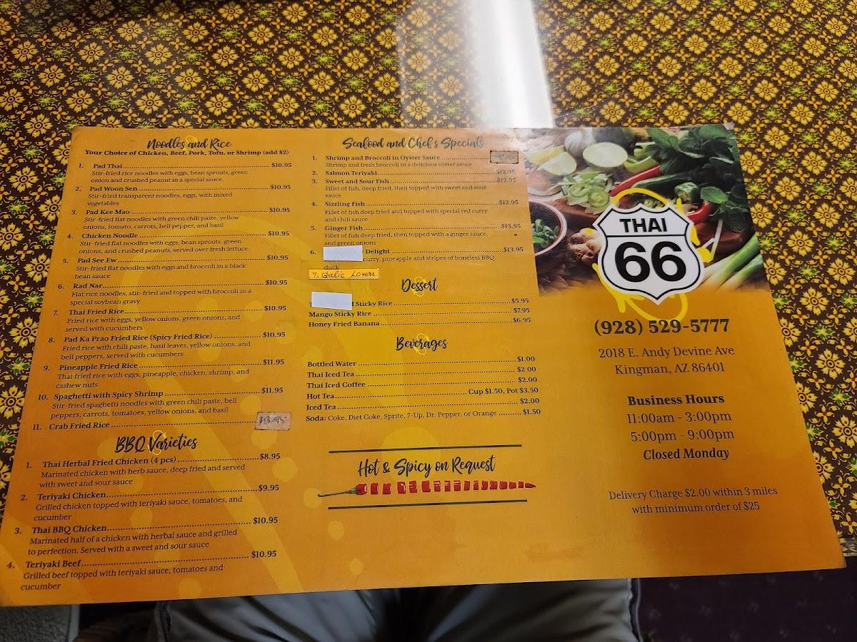 Menu at Thai 66 restaurant, Kingman