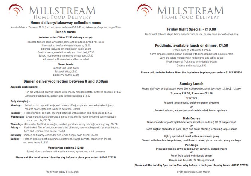 Menu at The Millstream Hotel & Sea School Restaurant, Chichester