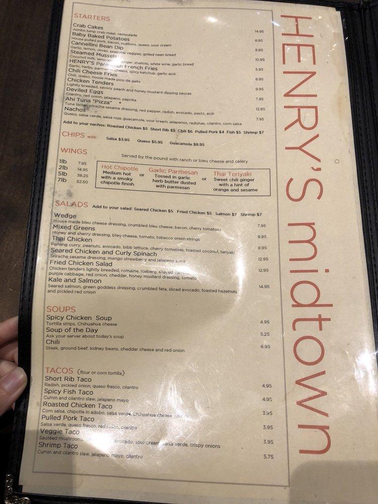 Menu at Henry's Midtown Tavern restaurant, Atlanta