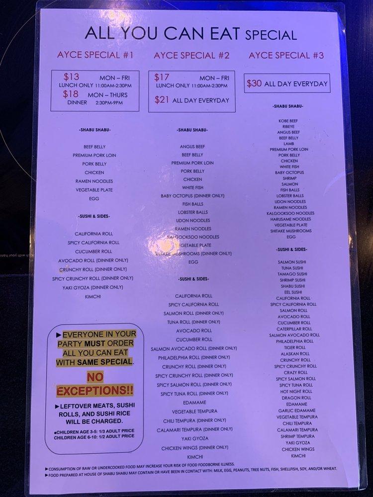 Menu at House of Shabu Shabu II restaurant, Anaheim