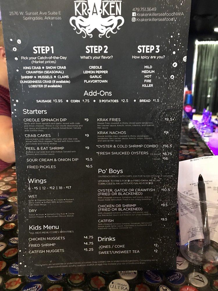 Menu at Kraken Killer Seafood restaurant, Springdale