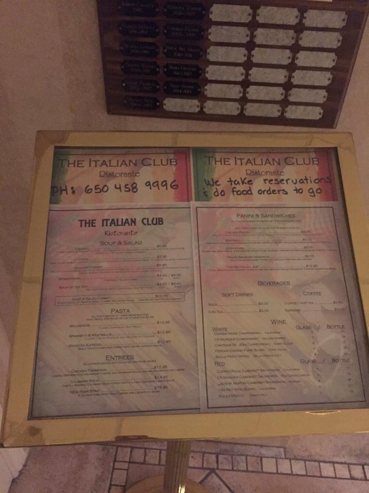 Menu at Peninsula Italian American Social Club, San Mateo