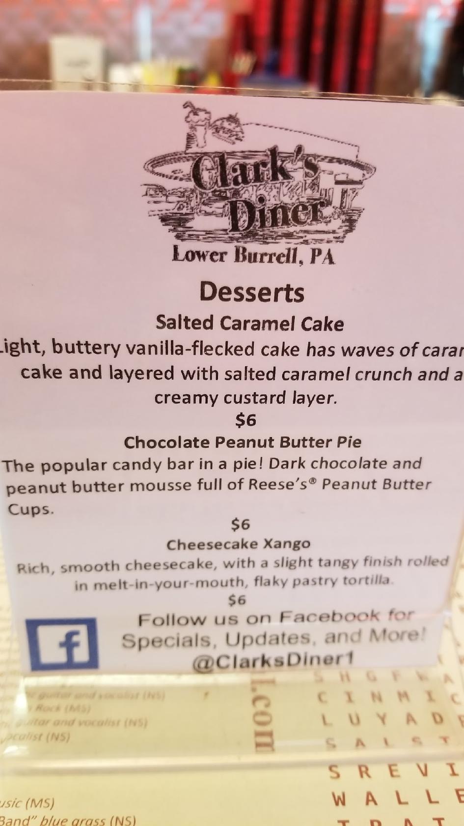 Menu at Clark's Diner restaurant, Lower Burrell, Leechburg Rd