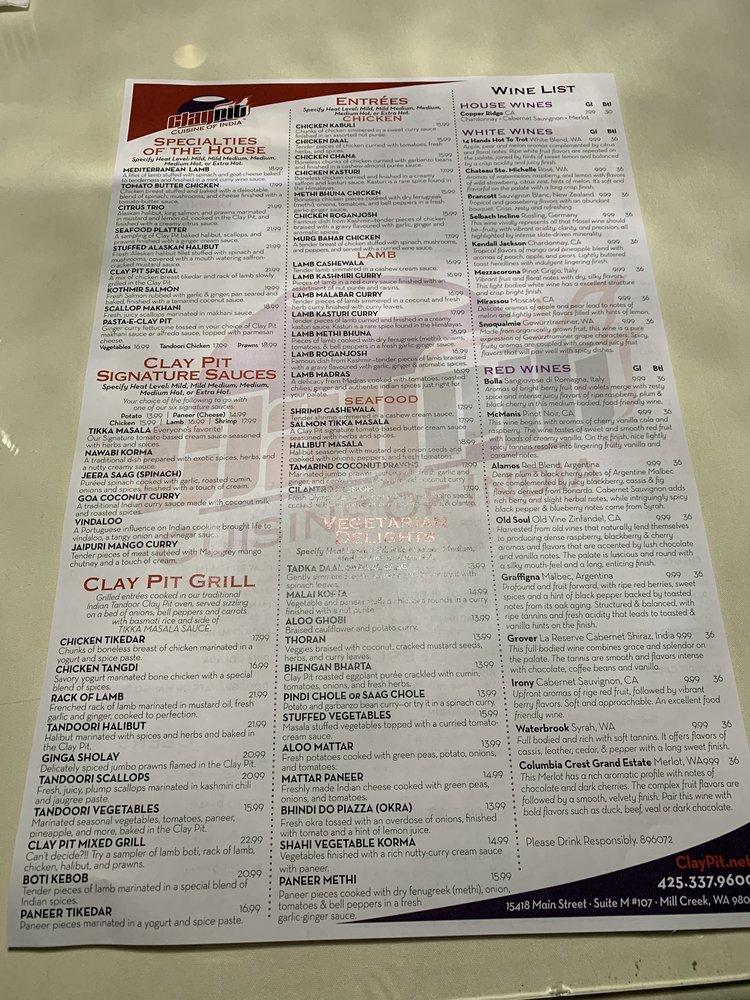 Menu at Claypit Cuisine of India restaurant, Mill Creek