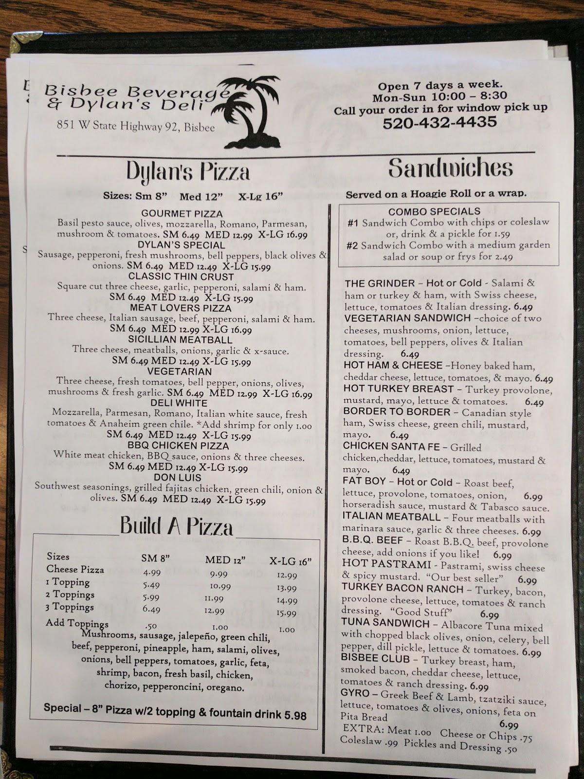Menu at Dylan's Pizza Bistro pizzeria, Bisbee, W