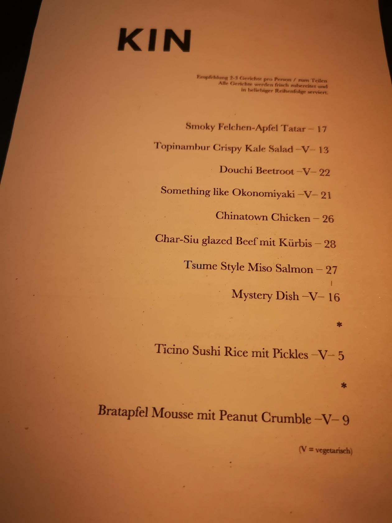 Menu at KIN, Zürich