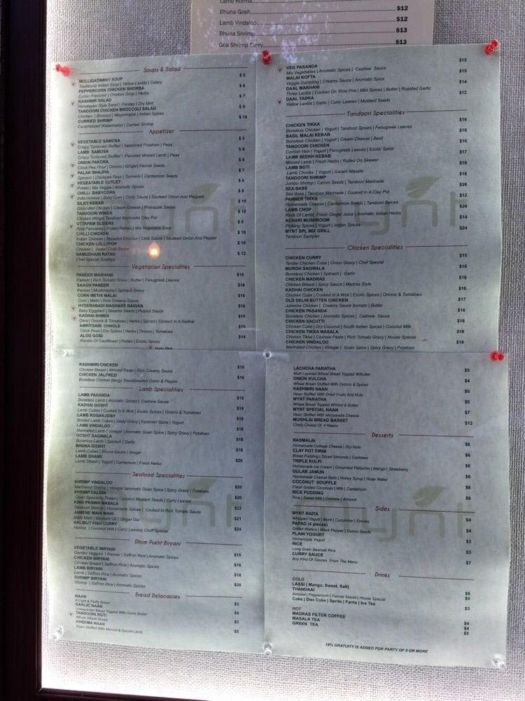 Menu at Mynt Fine Indian Cuisine pub & bar, Winter Park