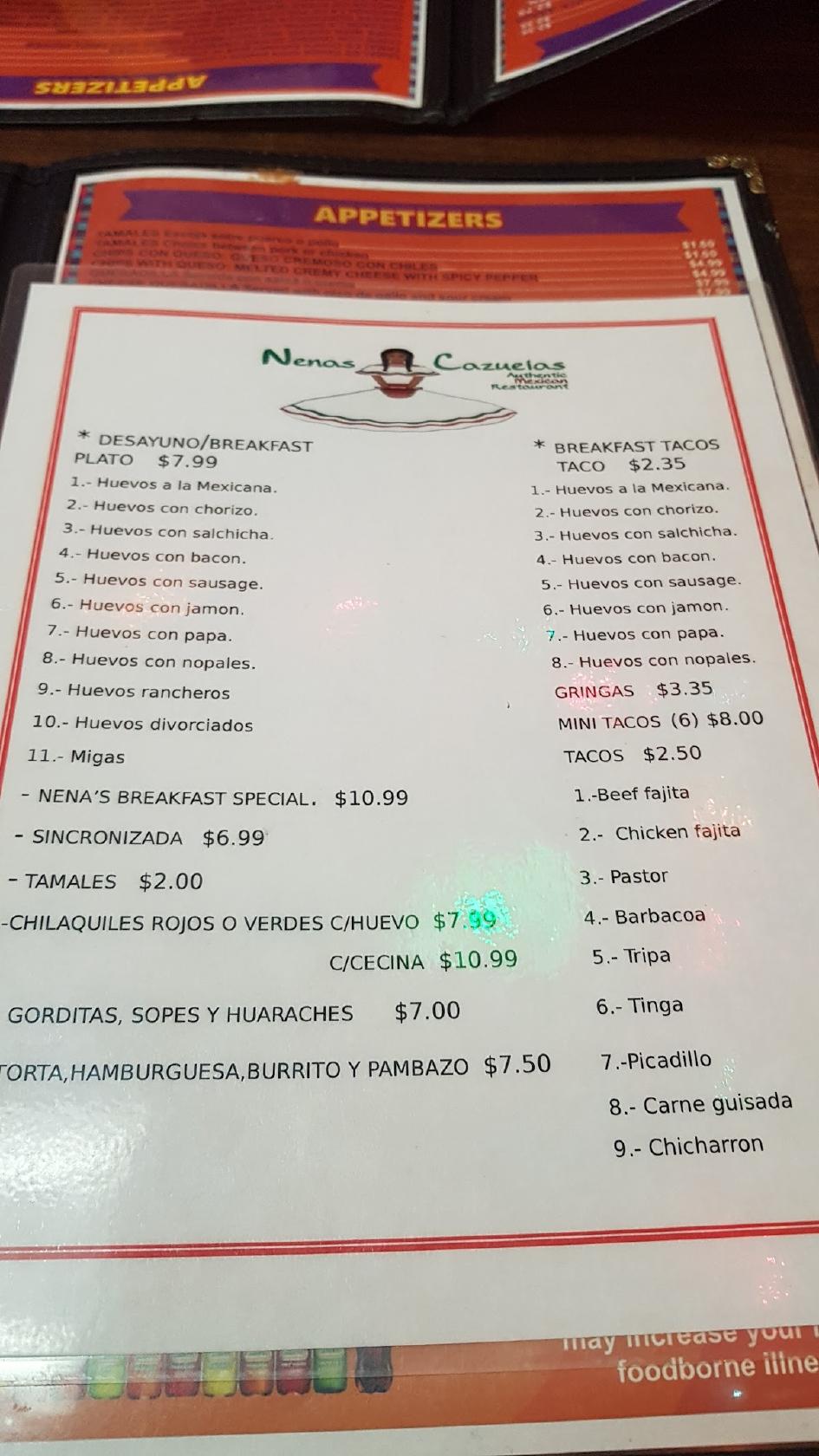 Menu at Nena’s Cazuelas & Bar, Georgetown