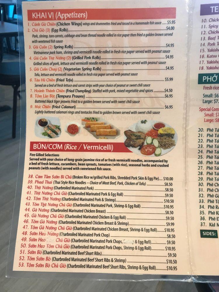 Menu at Pho Hien Trang restaurant, Renton