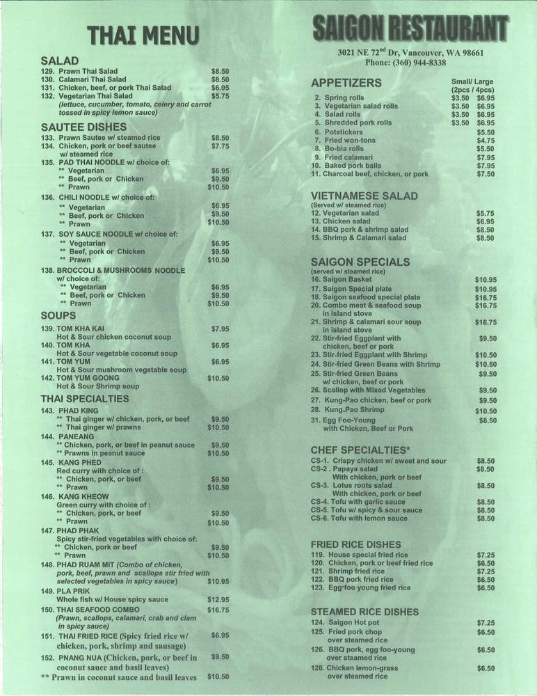 Menu at Saigon Restaurant, Vancouver, NE 72nd Ave