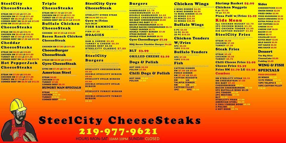 Menu at SteelCity CheeseSteaks restaurant, Gary