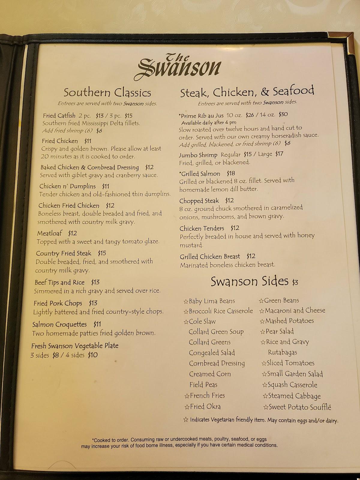 Menu at The Swanson restaurant, Perry