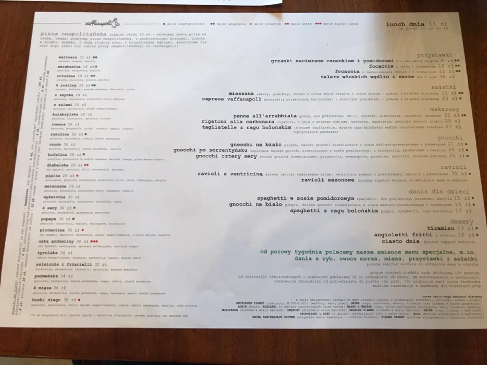 Menu at VaffaNapoli pub & bar, Wrocław