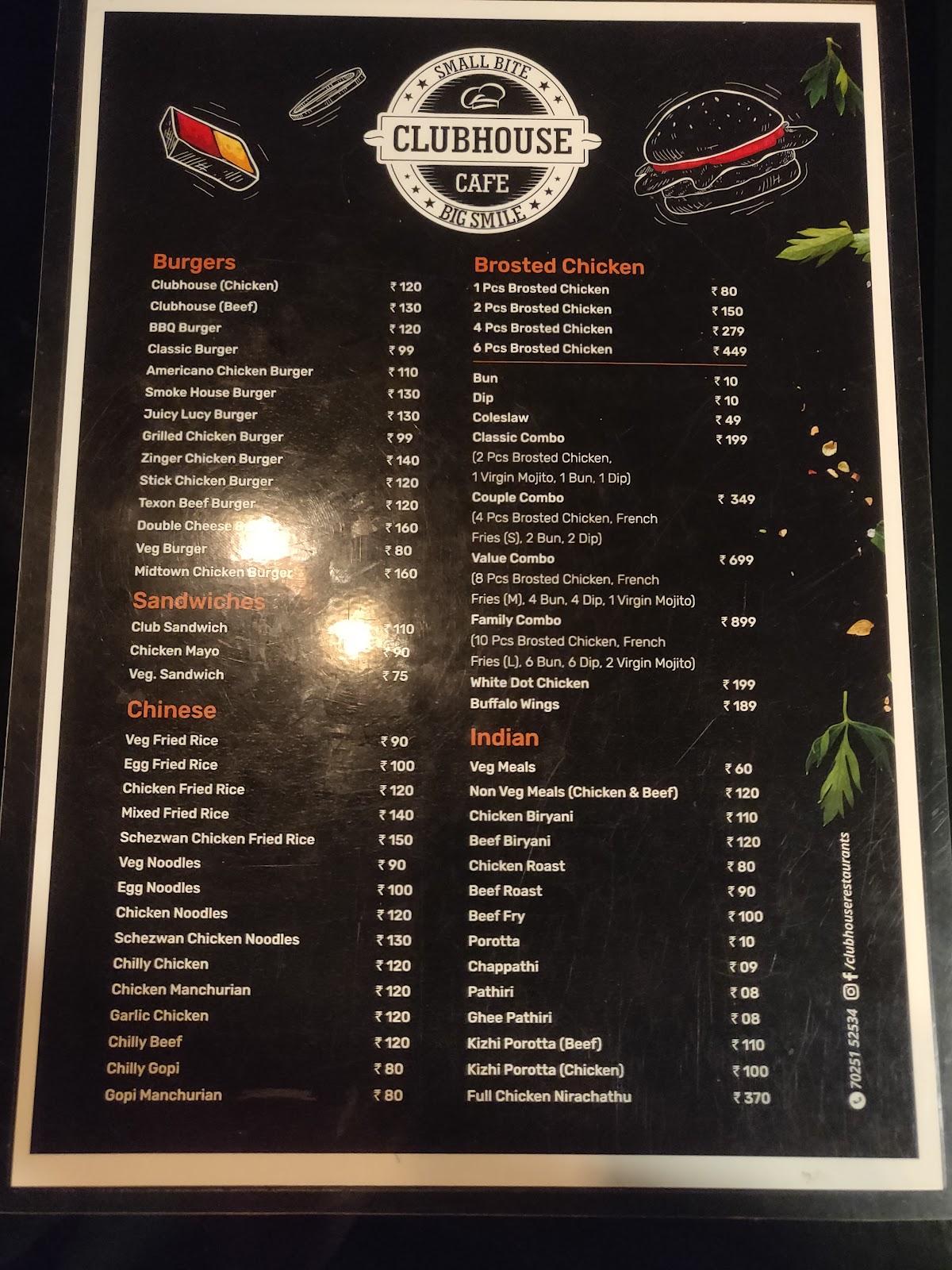 Menu at Club house, Thrissur