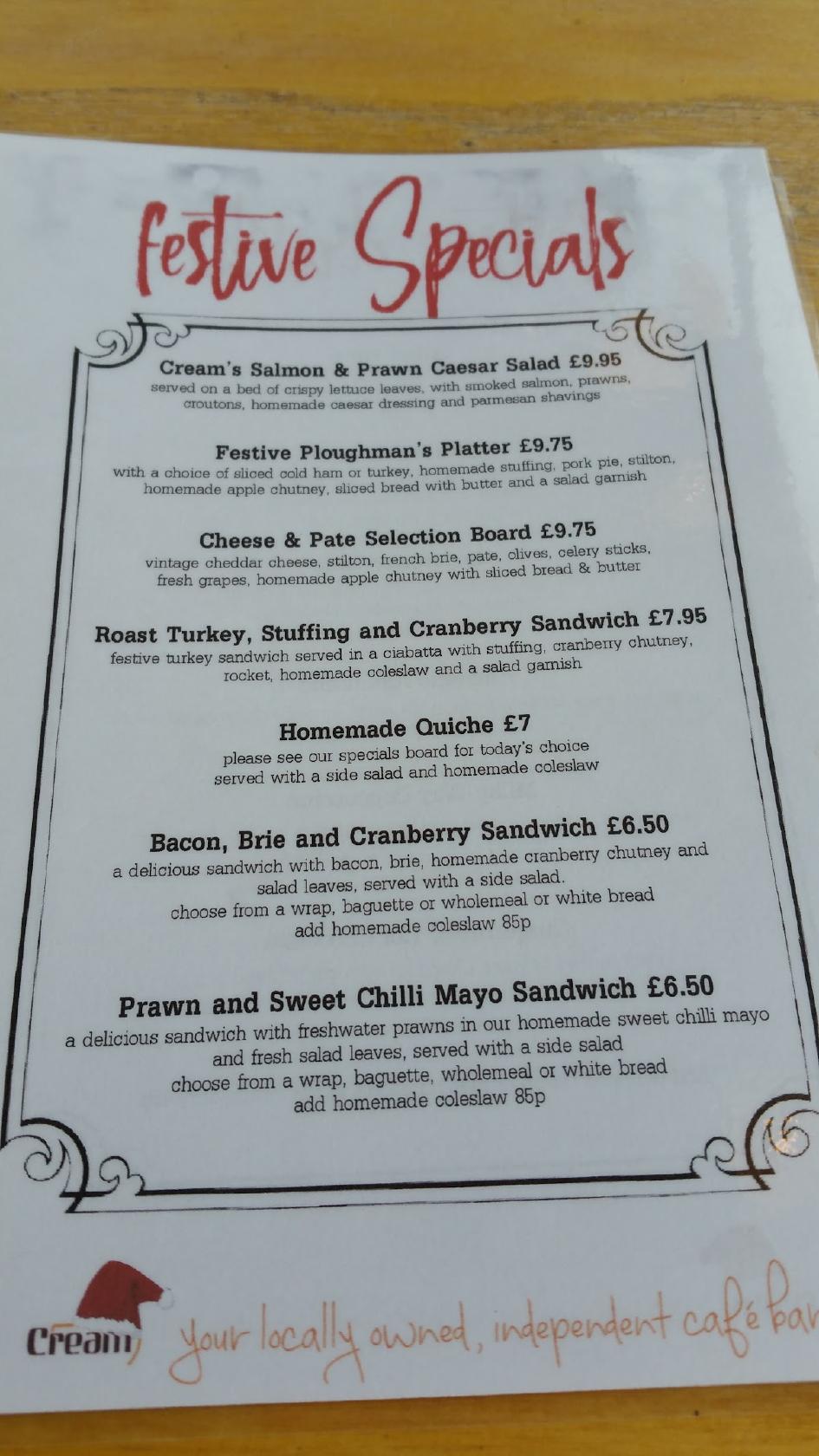 Menu at Cream cafe, Gainsborough