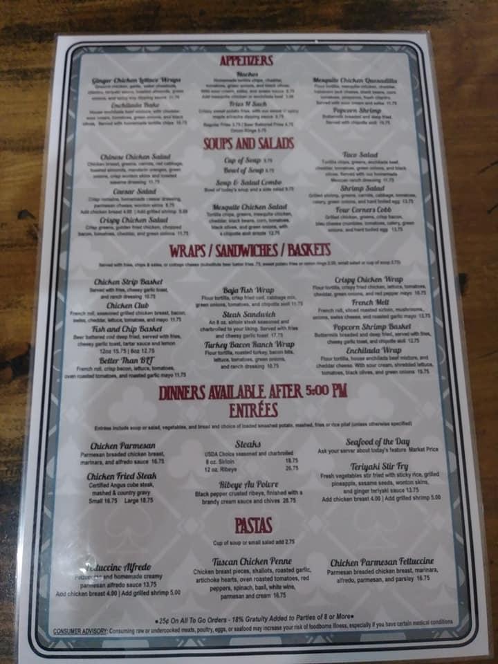 Menu at Four Corners Casino & Crossroads Grill restaurant, Eureka