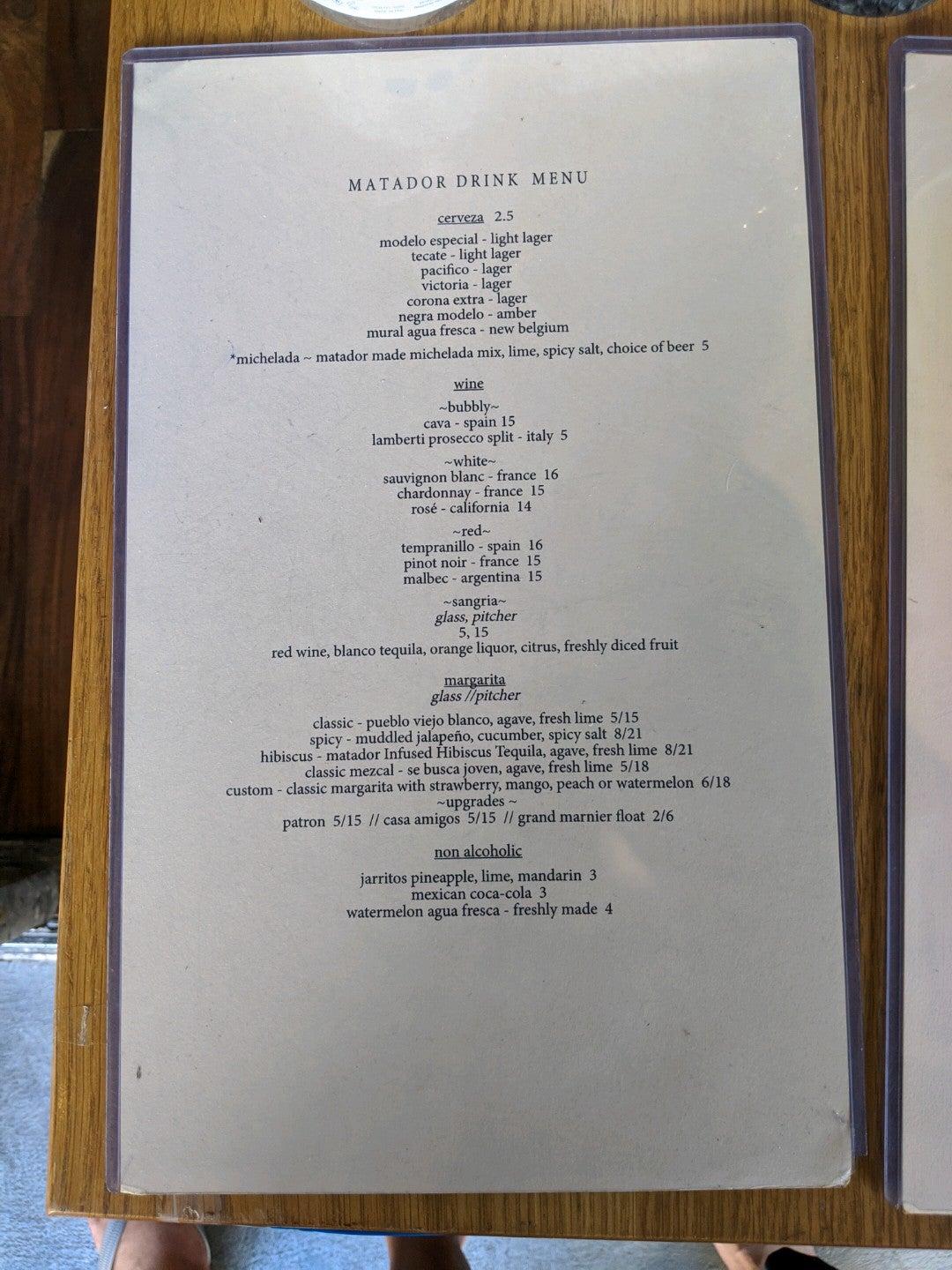 Menu at Matador pub & bar, San Francisco, 679 Sutter St