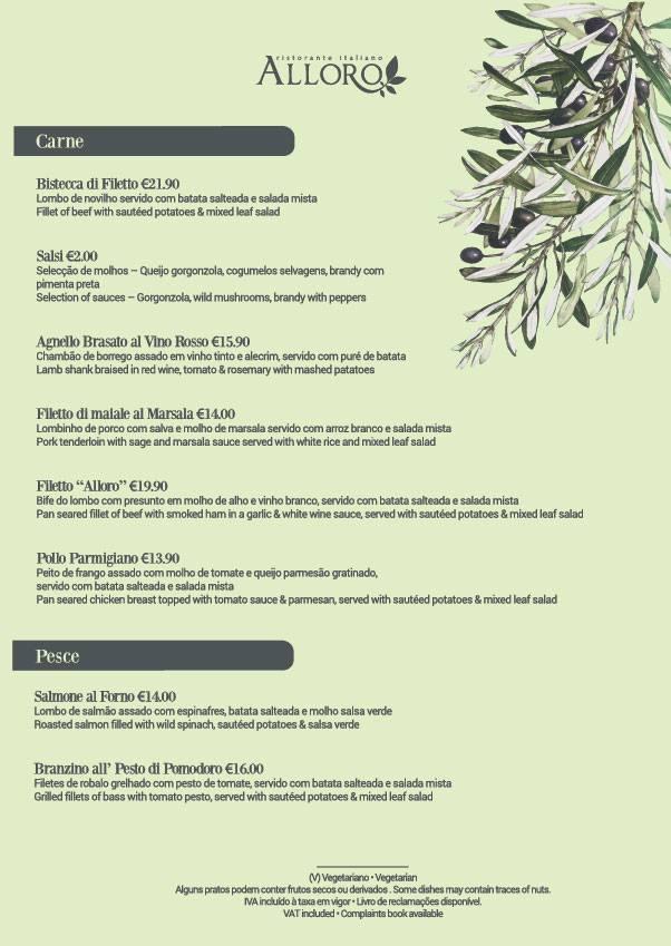 Menu at Restaurante ALLORO, Praia da Luz