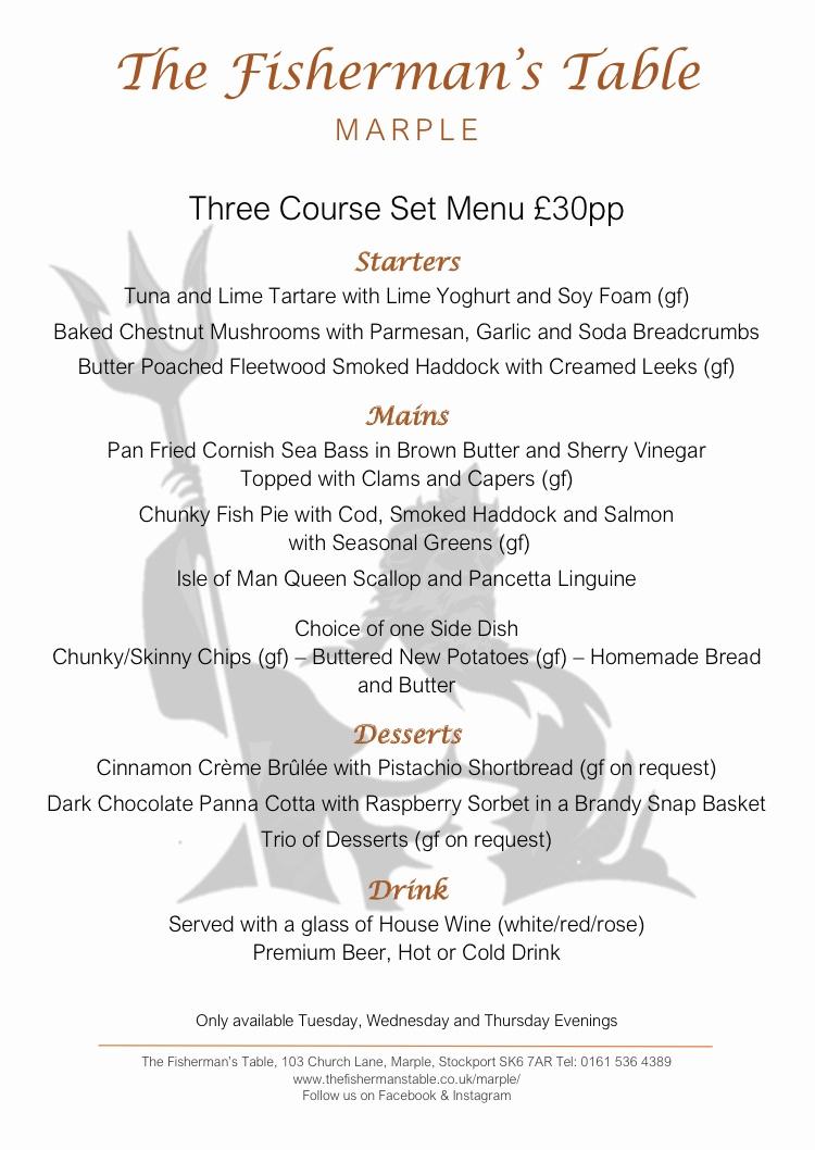 Menu at The Fisherman's Table restaurant, Stockport