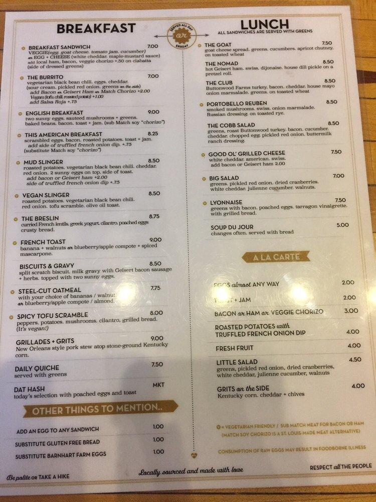 Menu at The Mud House cafe, St. Louis