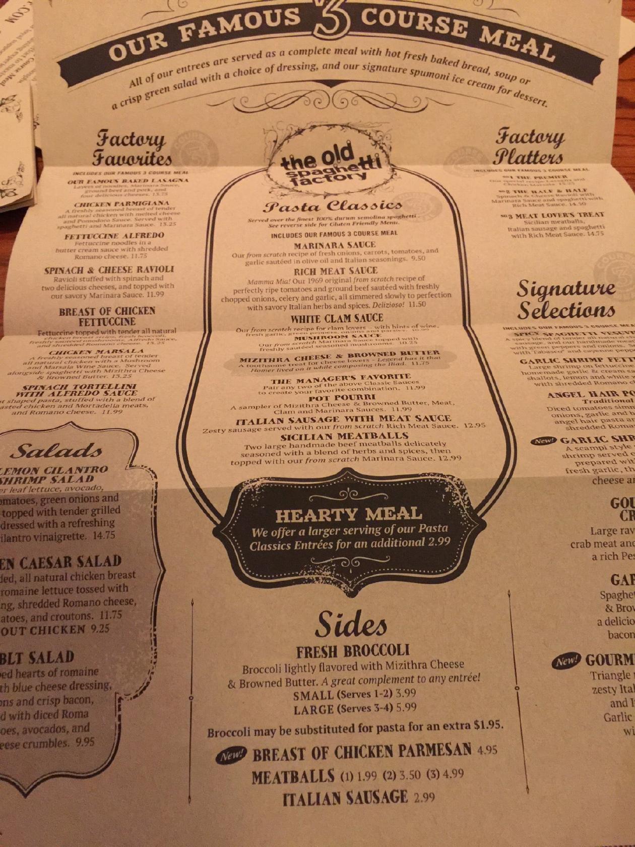 Menu at The Old Spaghetti Factory restaurant, Rancho Cordova, Folsom Blvd
