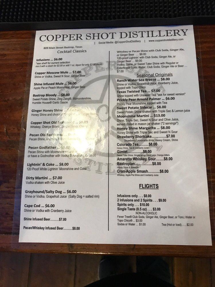 Menu at Copper Shot Distillery pub & bar, Bastrop, 809 Main St
