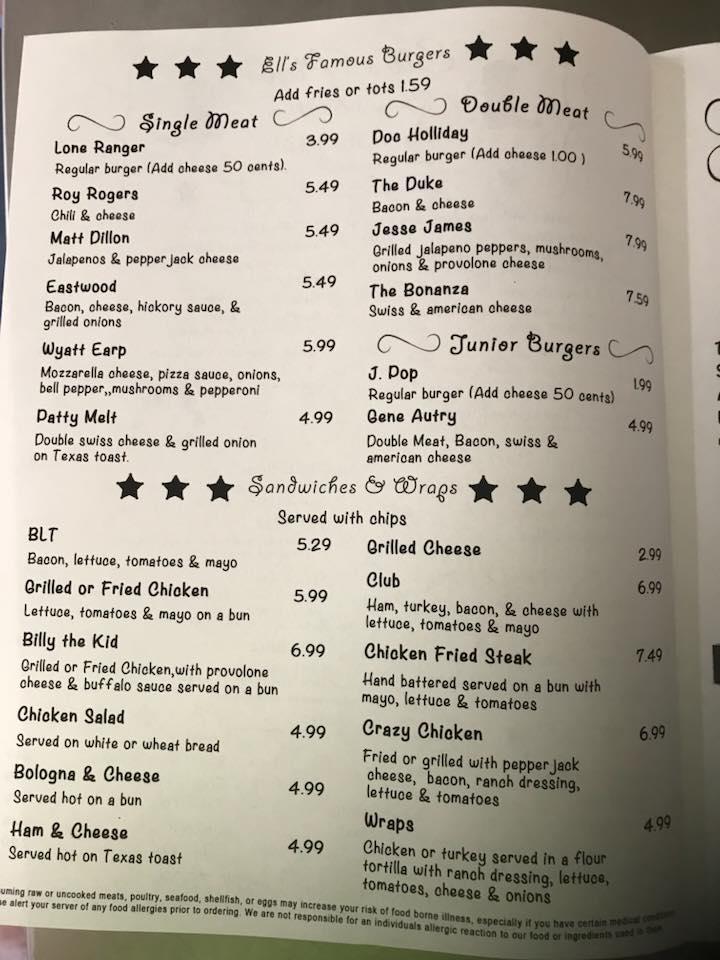 Menu at Ells Place restaurant, Cleburne