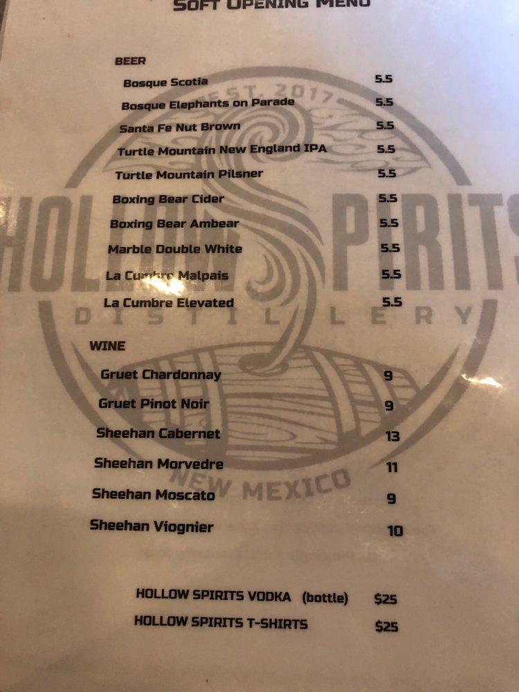 Menu at Hollow Spirits restaurant, Albuquerque