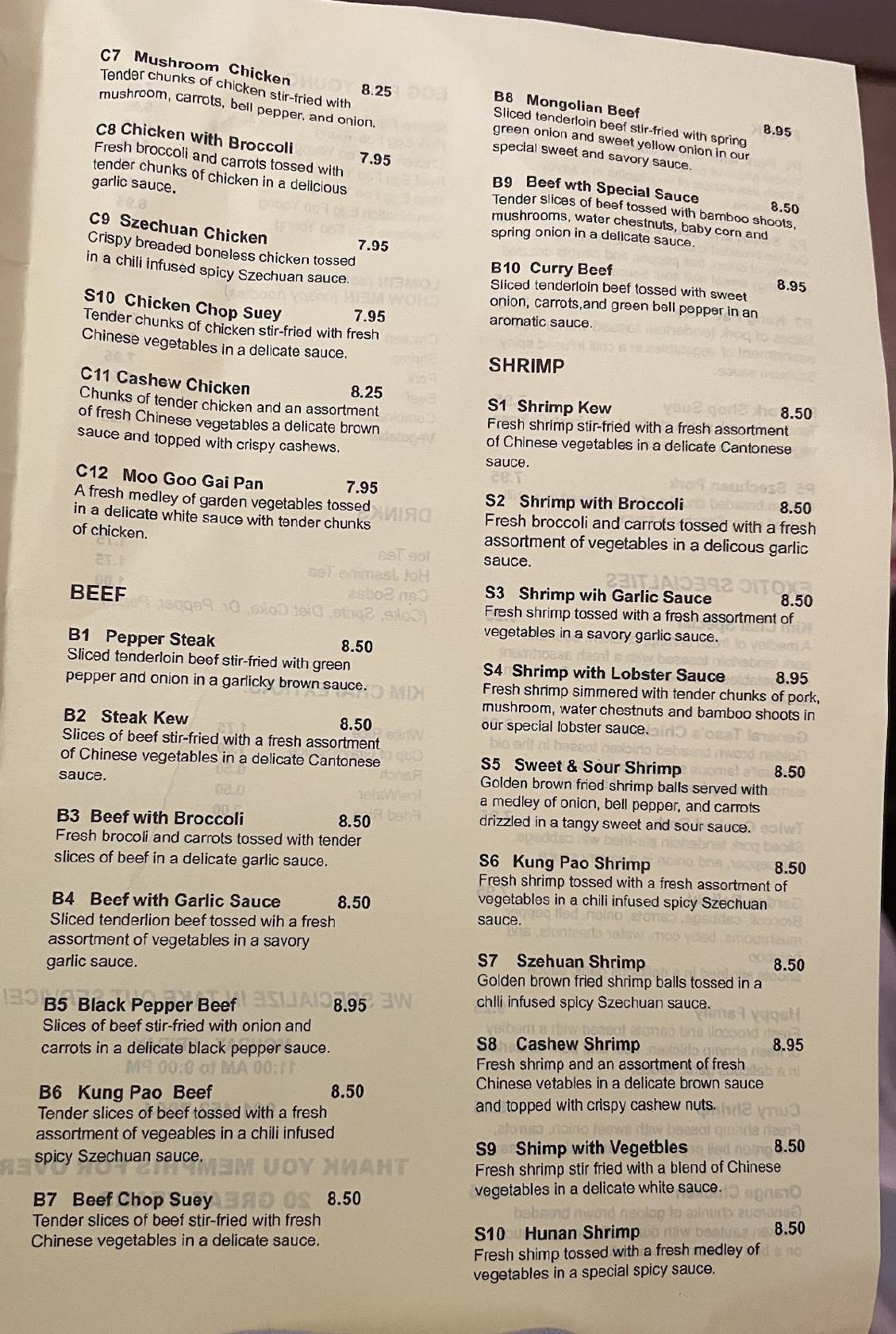 Menu at Kim Chai Restaurant, Memphis, Summer Ave