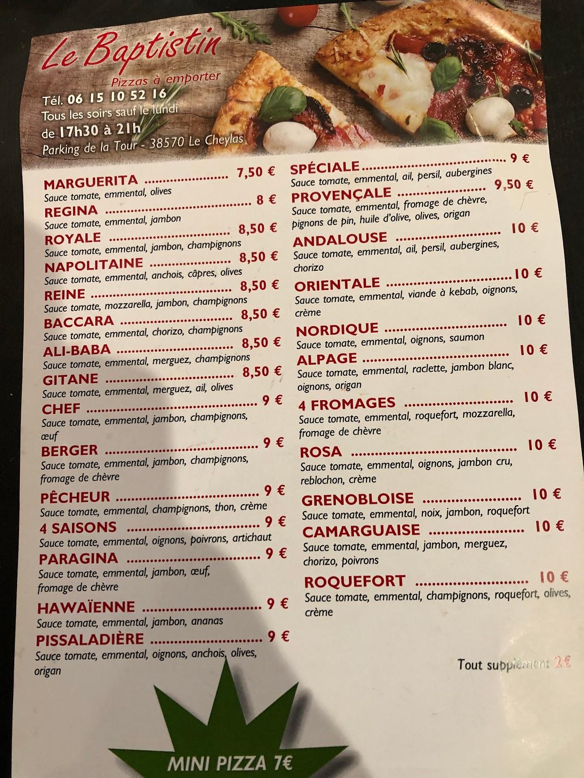 Menu at Le Baptistin pizzeria, Le Cheylas