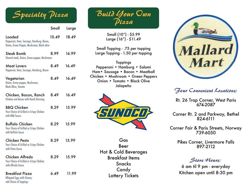 Menu at Mallard Mart, Bethel