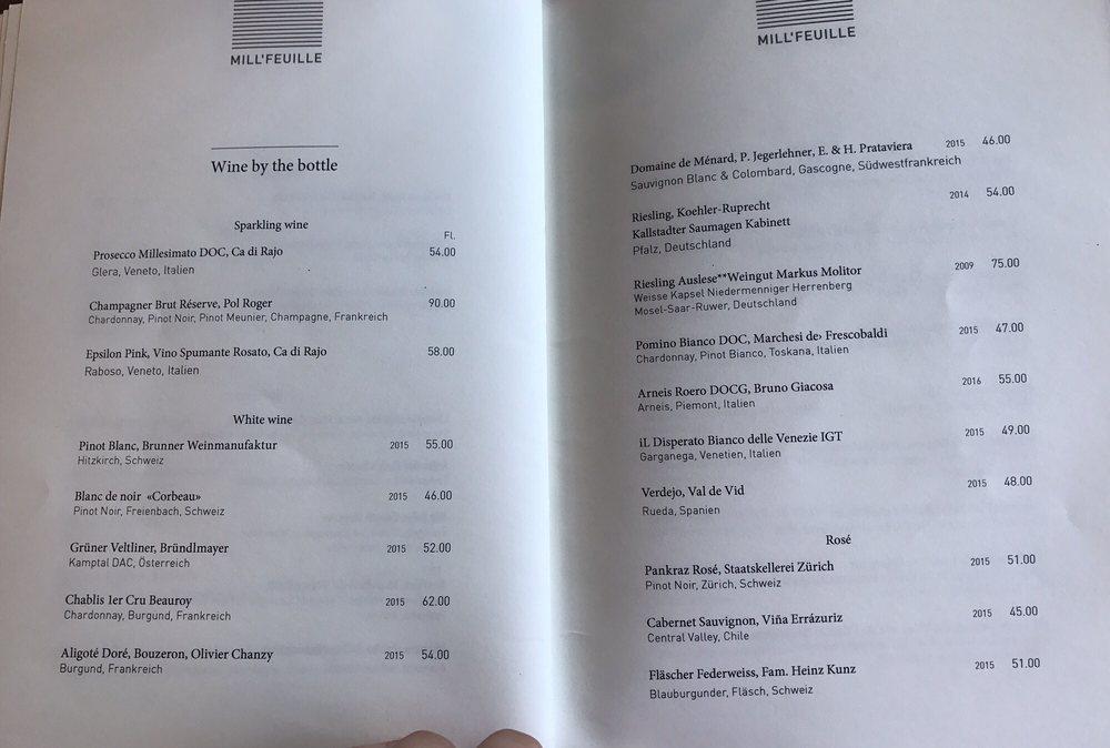 Menu at Mill'Feuille, Lucerne