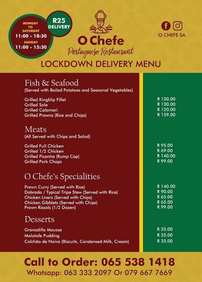 Menu at O chefe restaurant, Johannesburg, 59 Frederick St